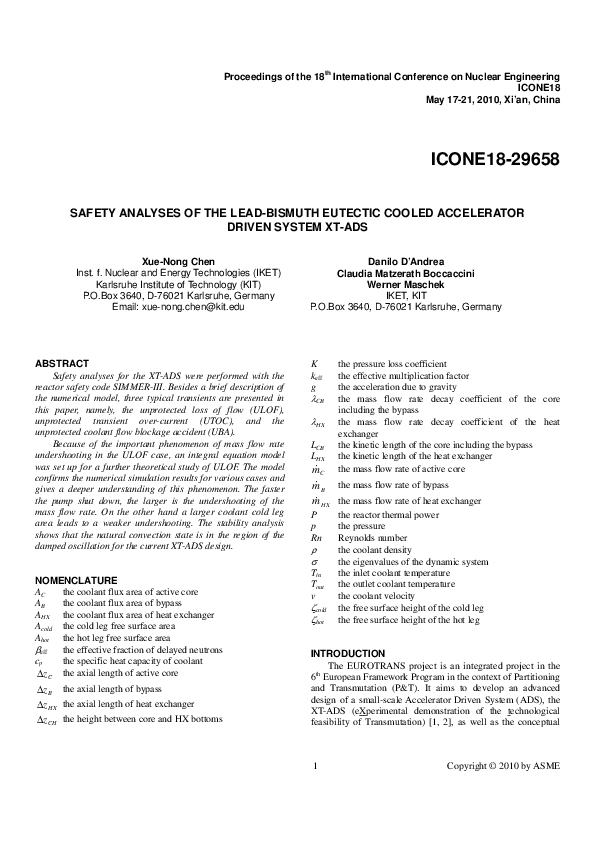 (PDF) Safety Analyses of the Lead-Bismuth Eutectic Cooled Accelerator Driven System XT-ADS