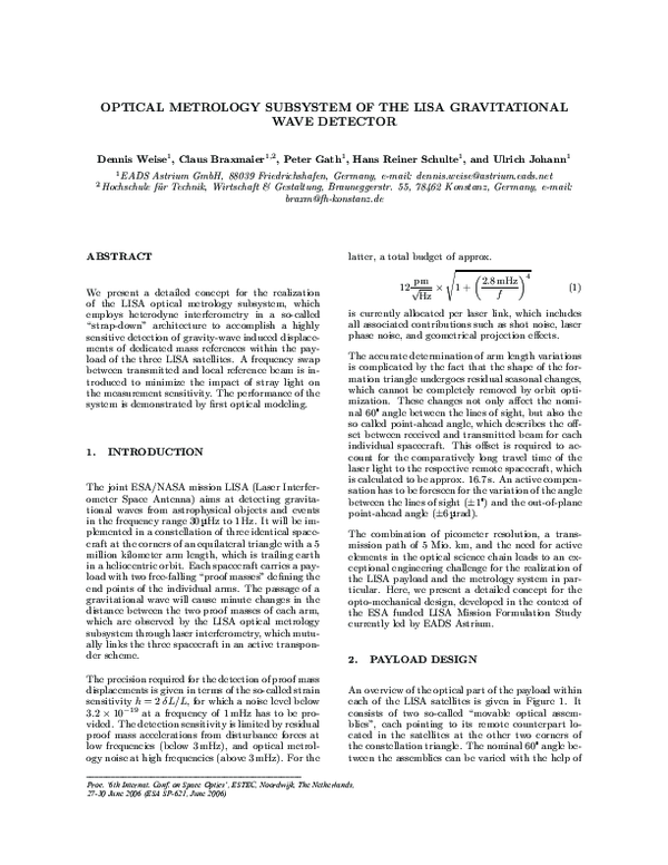 Pdf Optical Metrology Subsystem Of The Lisa Gravitational Wave Detector