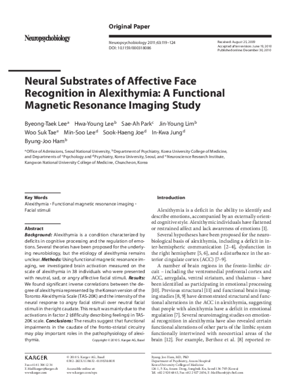 (PDF) Neural Substrates of Affective Face Recognition in Alexithymia: A ...