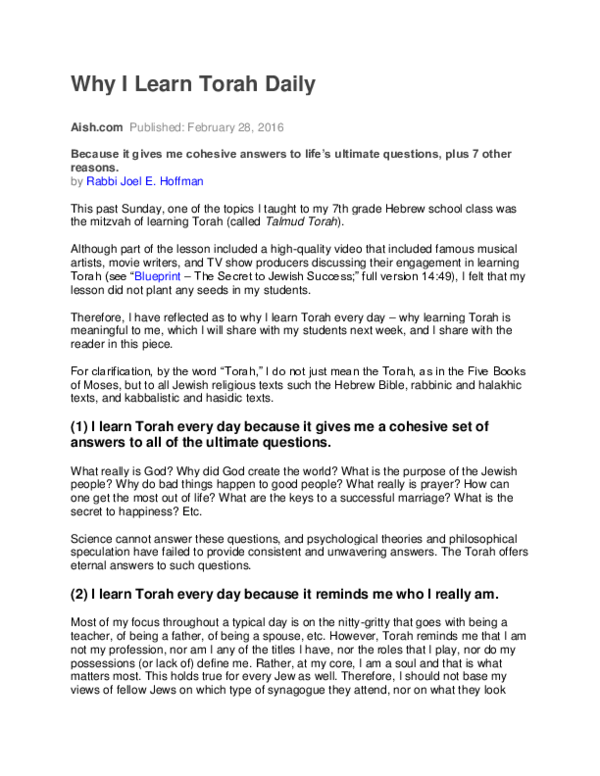 (PDF) Why I Learn Torah Daily