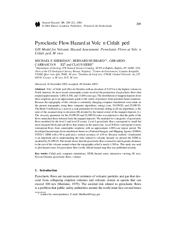 (PDF) Pyroclastic Flow Hazard at Volcán Citlaltépetl GIS Model for ...