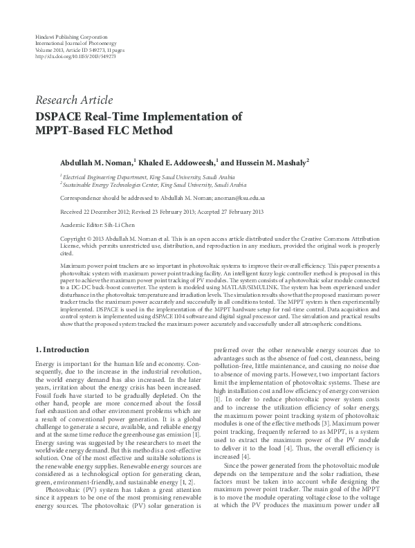 Pdf Dspace Real Time Implementation Of Mppt Based Flc Method Khaled Addoweesh And Abdullah