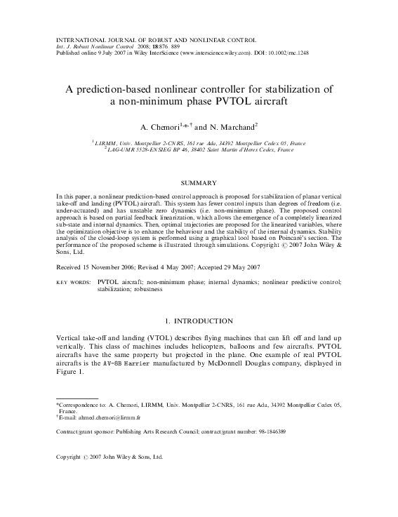 (PDF) A prediction-based nonlinear controller for stabilization of a non-minimum phase PVTOL ...