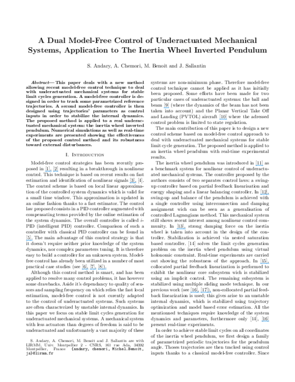 (PDF) A dual model-free control of underactuated mechanical systems, application to the inertia ...