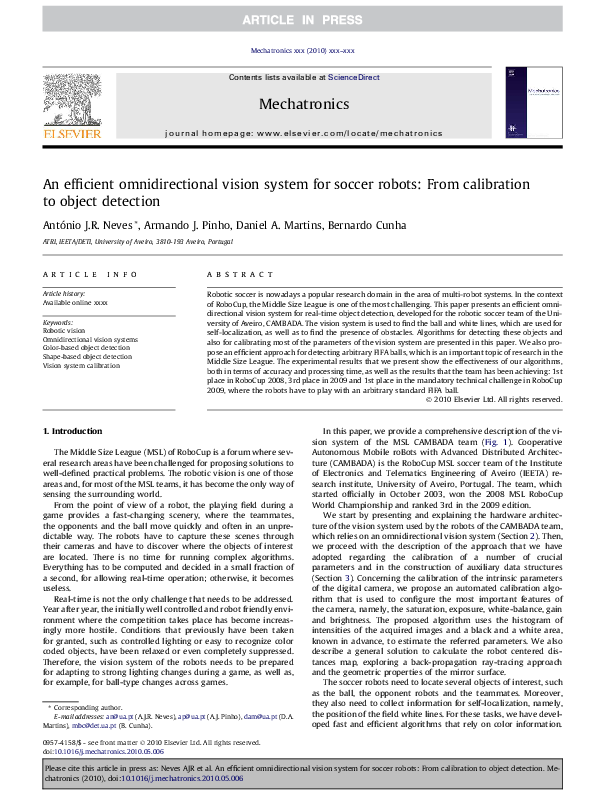 Pdf An Efficient Omnidirectional Vision System For Soccer Robots From Calibration To Object