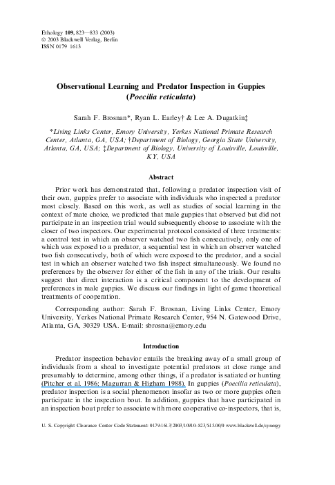 (PDF) Observational Learning and Predator Inspection in Guppies ...