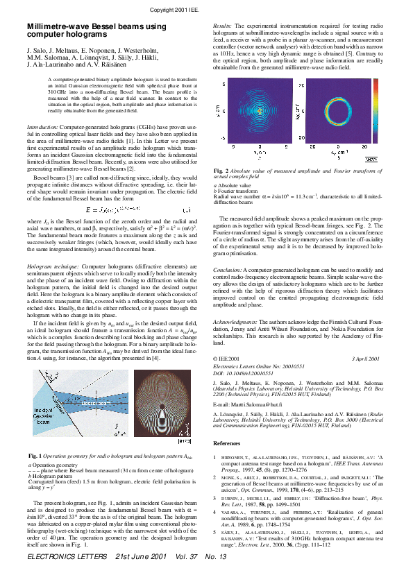 (PDF) Millimetre-wave Bessel beams using computer holograms