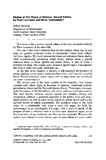 (PDF) Review of the theory of matrices, second edition, by Peter Lancaster and Miron Tismenetsky