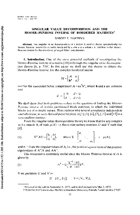 (PDF) Singular Value Decomposition and the Moore–Penrose Inverse of Bordered Matrices