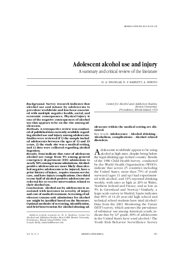 (PDF) Adolescent alcohol use and injury. A summary and critical review of the literature