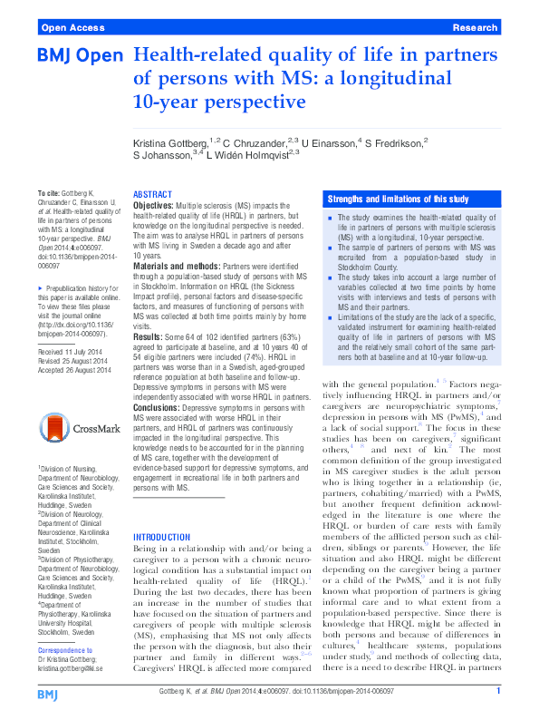 (PDF) Health-related quality of life in partners of persons with MS: a ...