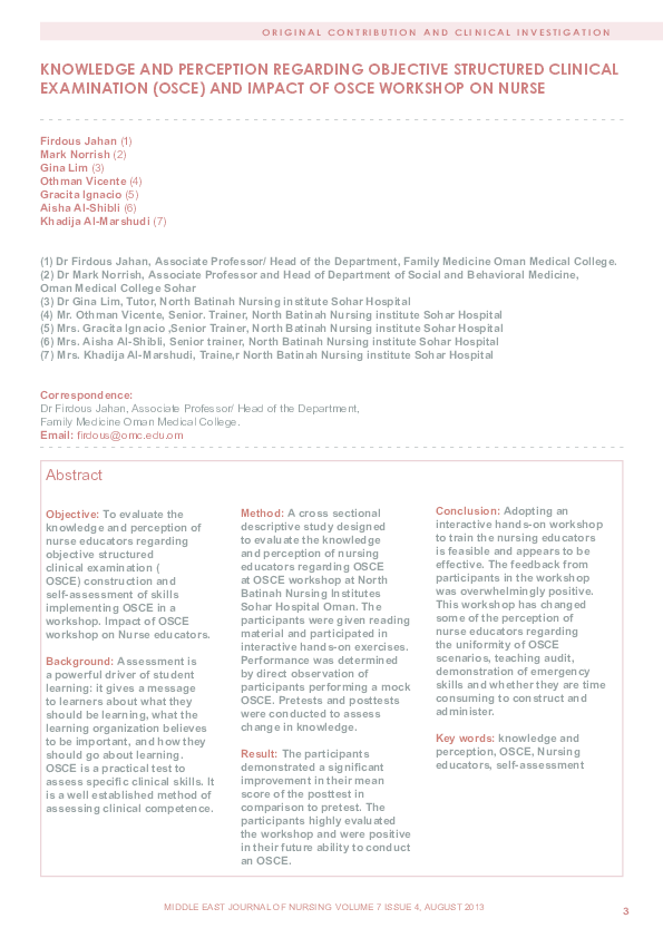 (PDF) Knowledge and perception regarding Objective Structured Clinical ...