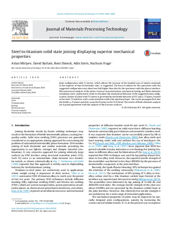(PDF) Steel to titanium solid state joining displaying superior ...