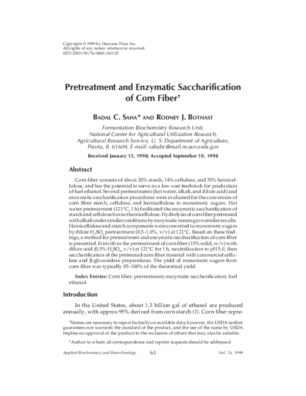 (PDF) Pretreatment and Enzymatic Saccharification of Corn Fiber