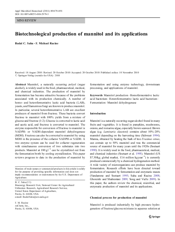 Pdf Biotechnological Production Of Mannitol And Its Applications