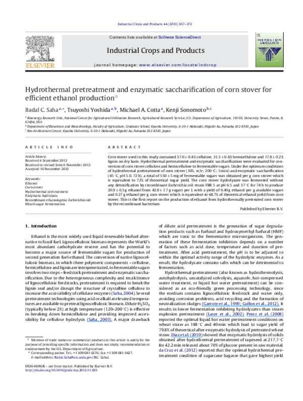 (PDF) Hydrothermal pretreatment and enzymatic saccharification of corn ...