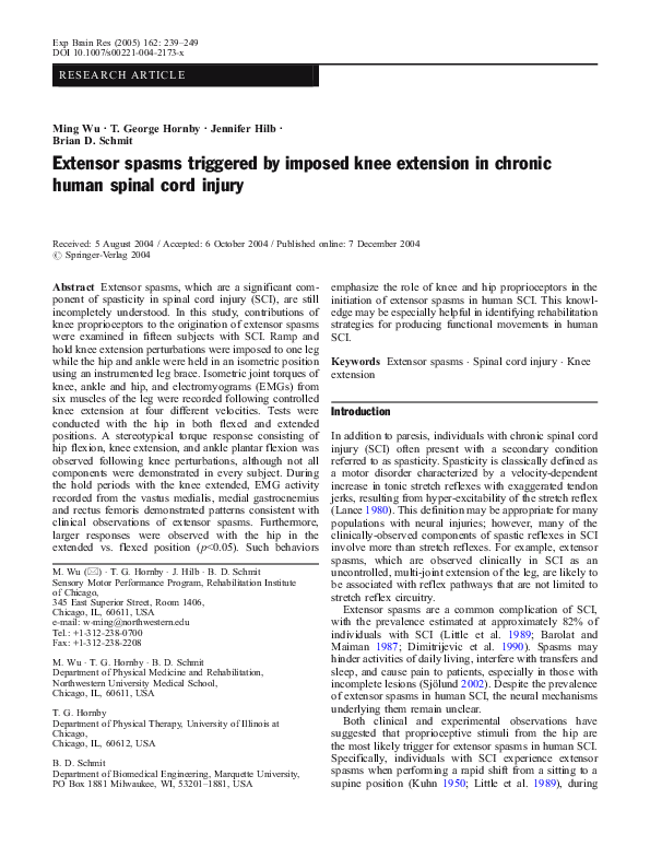 (PDF) Extensor spasms triggered by imposed knee extension in chronic ...