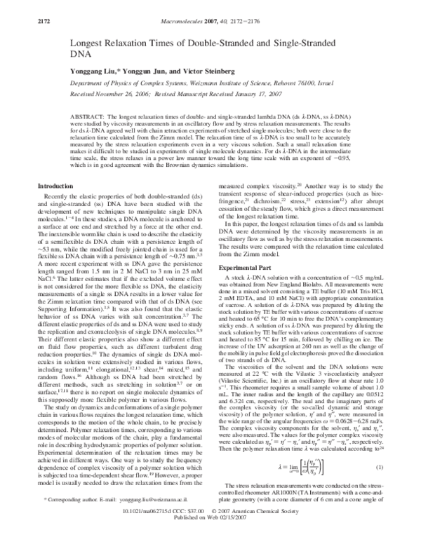(PDF) Longest Relaxation Times of Double-Stranded and Single-Stranded DNA