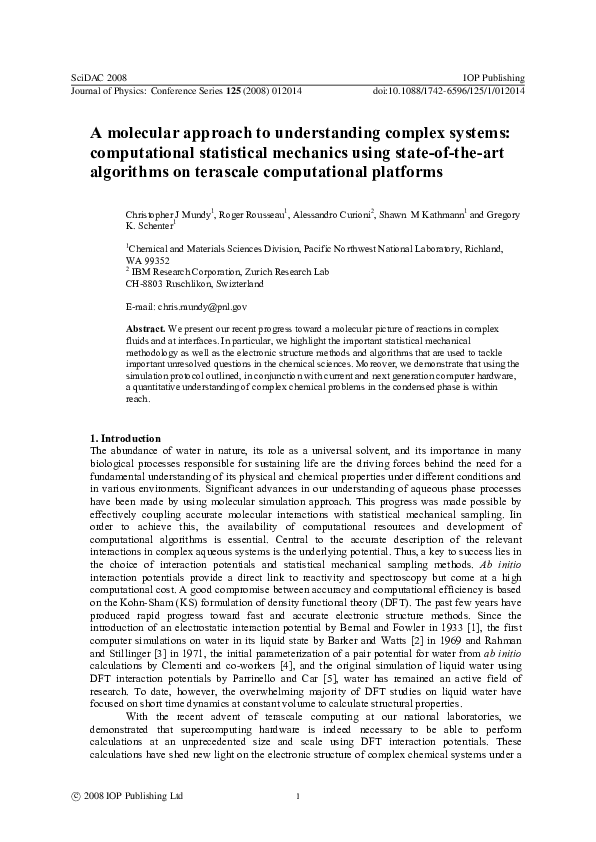 (PDF) A molecular approach to understanding complex systems: computational statistical mechanics ...