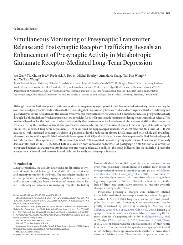 (PDF) Simultaneous Monitoring of Presynaptic Transmitter Release and ...