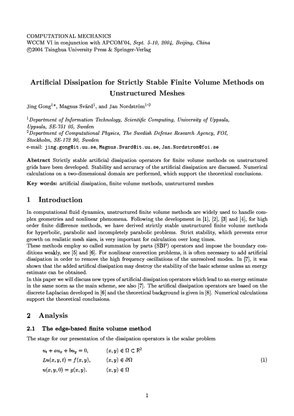 (PDF) Artificial dissipation for strictly stable finite volume methods on unstructured meshes