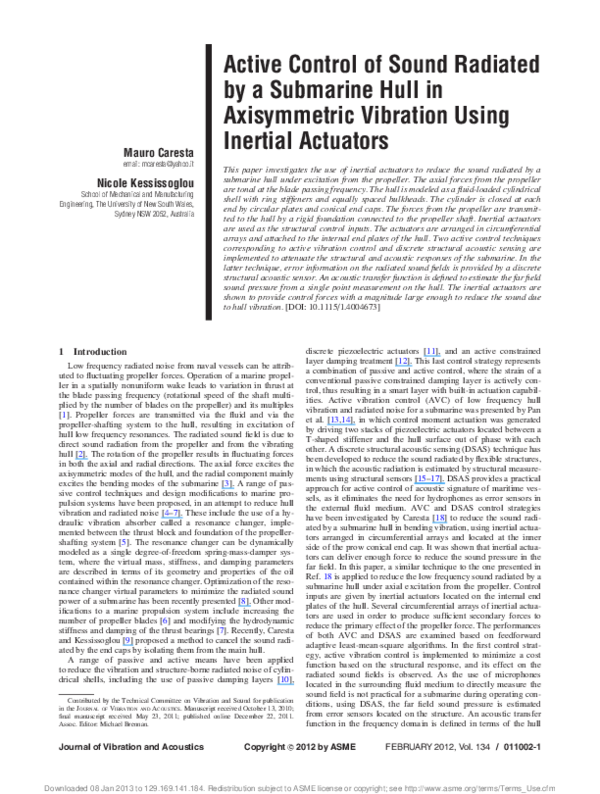 Pdf Active Control Of Sound Radiated By A Submarine Hull In