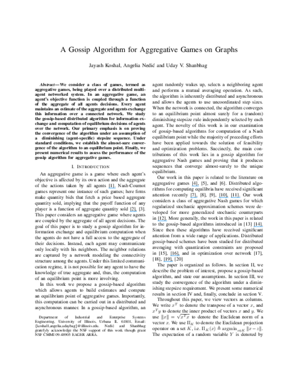 Pdf A Gossip Algorithm For Aggregative Games On Graphs Jayash Koshal Angelia Nedich And 