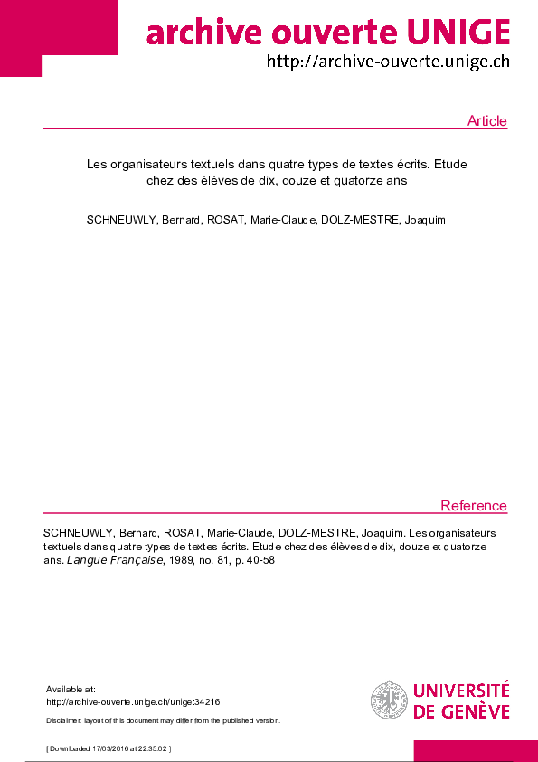 (PDF) Les organisateurs textuels dans quatre types de textes écrits ...