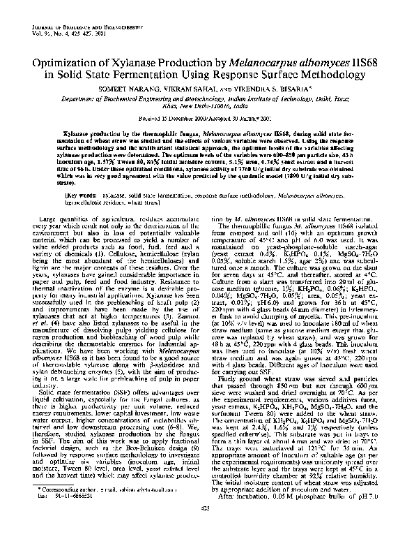 (PDF) Optimization of Xylanase Production by Melanocarpus albomyces IIS68 in Solid State ...