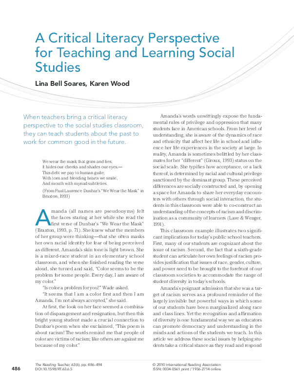 (PDF) A Critical Literacy Perspective for Teaching and Learning Social ...