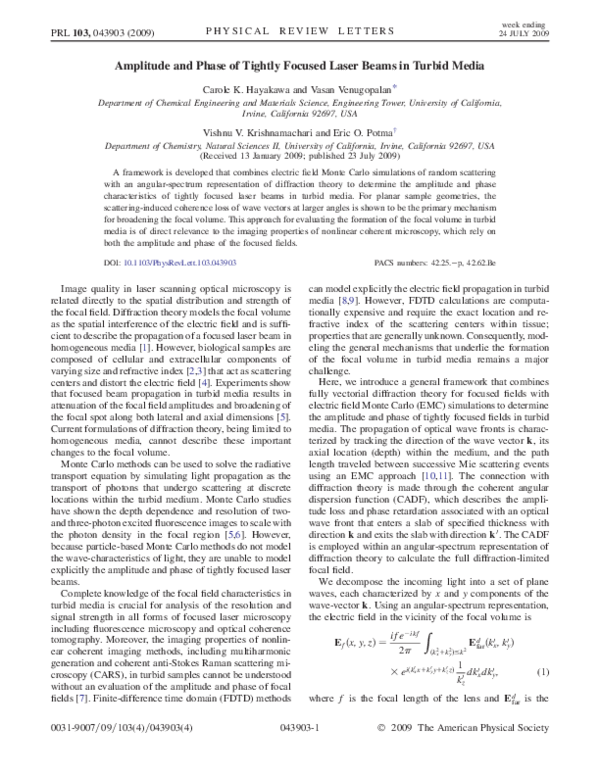 (PDF) Amplitude and phase of tightly focused laser beams in turbid media