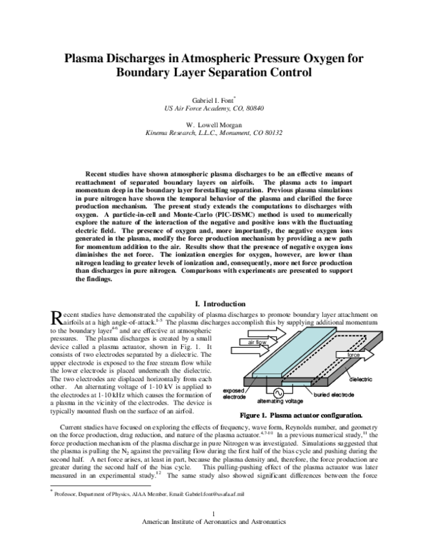 (PDF) Plasma Discharges in Atmospheric Pressure Oxygen for Boundary Layer Separation Control