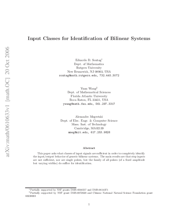 Pdf Remarks On Input Classes For Identification Of Bilinear Systems