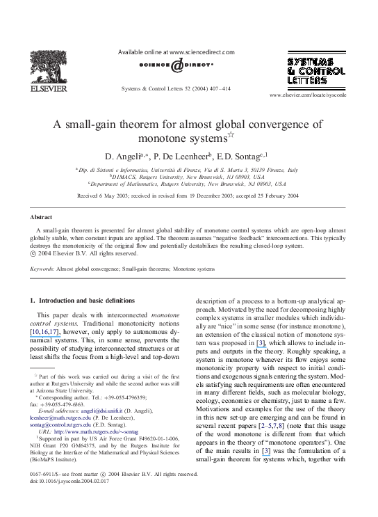 (PDF) A small-gain theorem for almost global convergence of monotone ...