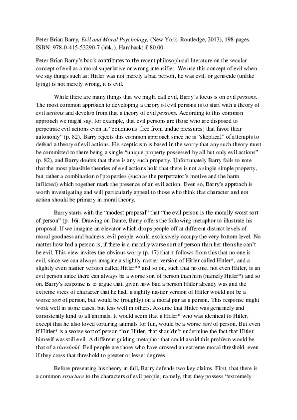 (PDF) Paul Formosa, "Review of Peter Brian Barry, Evil and Moral ...