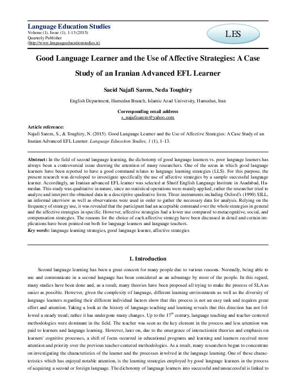 Good Language Learner and the Use of Affective Strategies: A Case Study ...