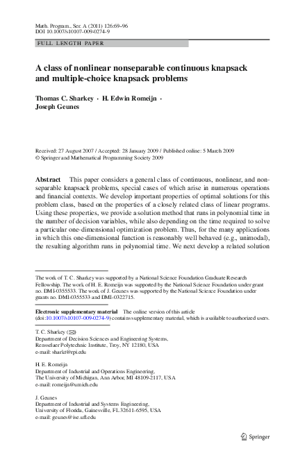 (PDF) A class of nonlinear nonseparable continuous knapsack and multiple-choice knapsack problems