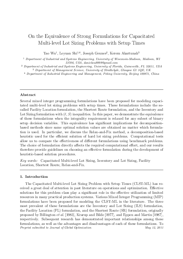 (PDF) On the equivalence of strong formulations for capacitated multi-level lot sizing problems ...
