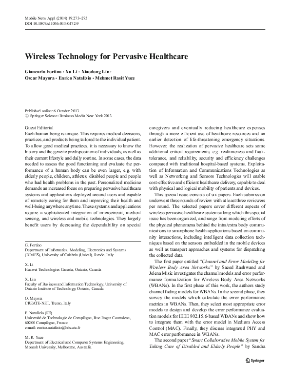 (PDF) Wireless Technology for Pervasive Healthcare