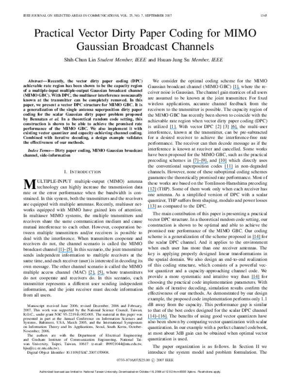 (PDF) Practical Vector Dirty Paper Coding for MIMO Gaussian Broadcast Channels