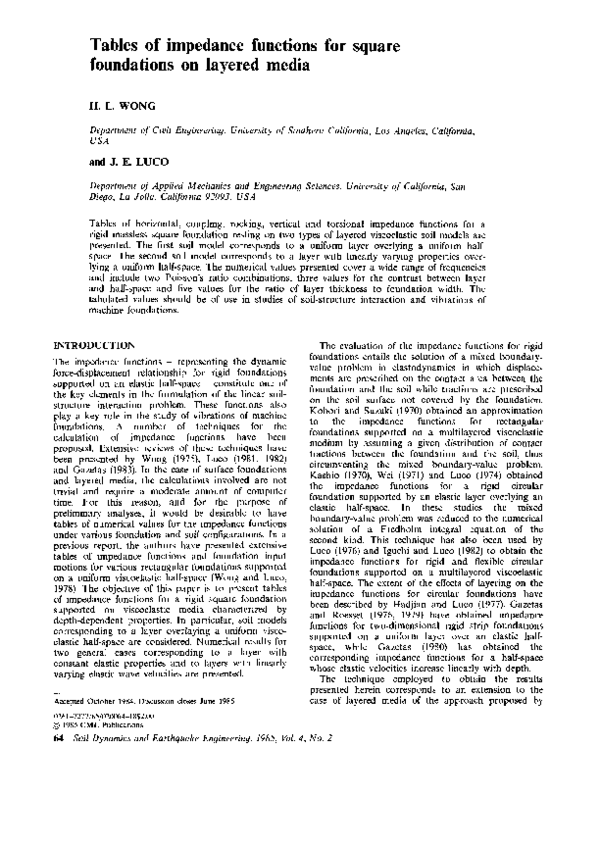(PDF) Tables of impedance functions for square foundations on layered media