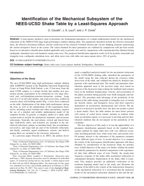 (PDF) Identification of the Mechanical Subsystem of the NEES-UCSD Shake ...