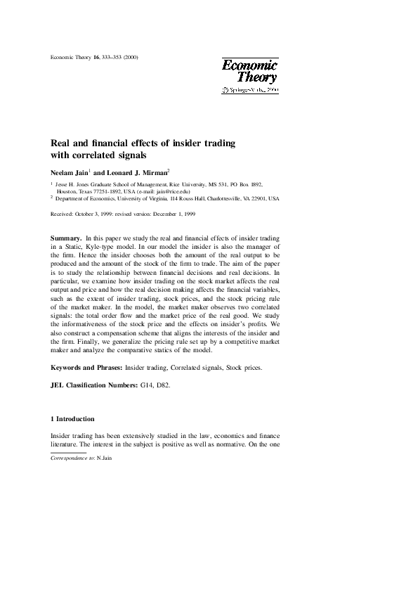 (PDF) Real and financial effects of insider trading with correlated signals