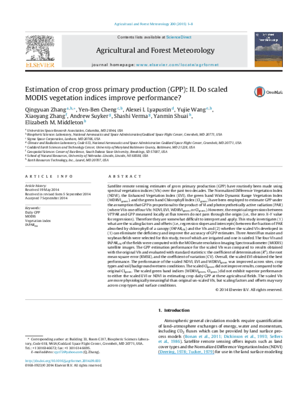 (PDF) Estimation of crop gross primary production (GPP): II. Do scaled MODIS vegetation indices ...