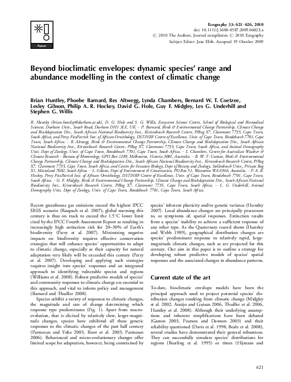 (PDF) Beyond bioclimatic envelopes: dynamic species' range and ...