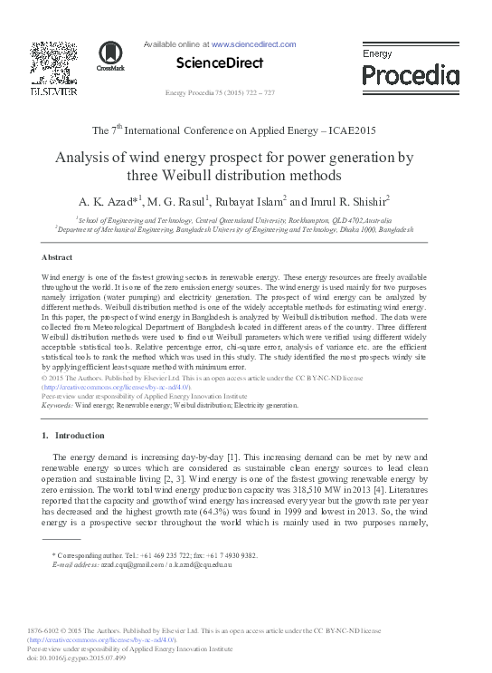 (PDF) Analysis of wind energy prospect for power generation by three ...