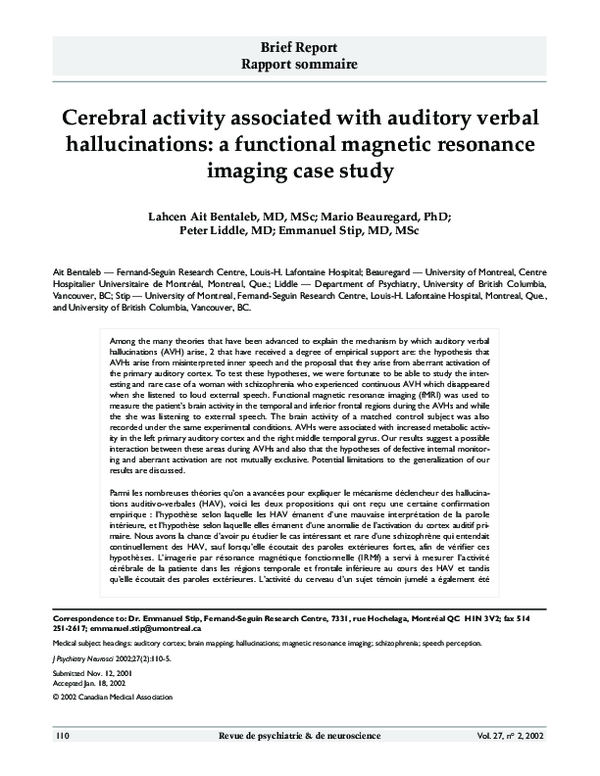 (PDF) Cerebral activity associated with auditory verbal hallucinations ...