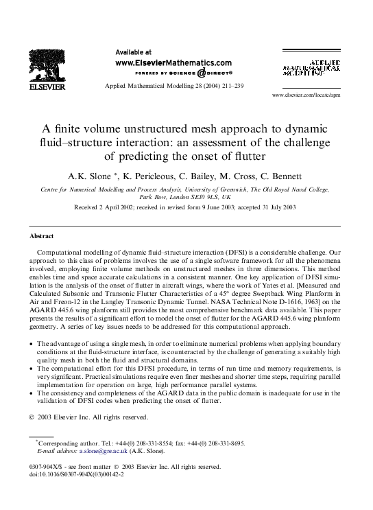 Pdf A Finite Volume Unstructured Mesh Approach To Dynamic Fluidstructure Interaction An