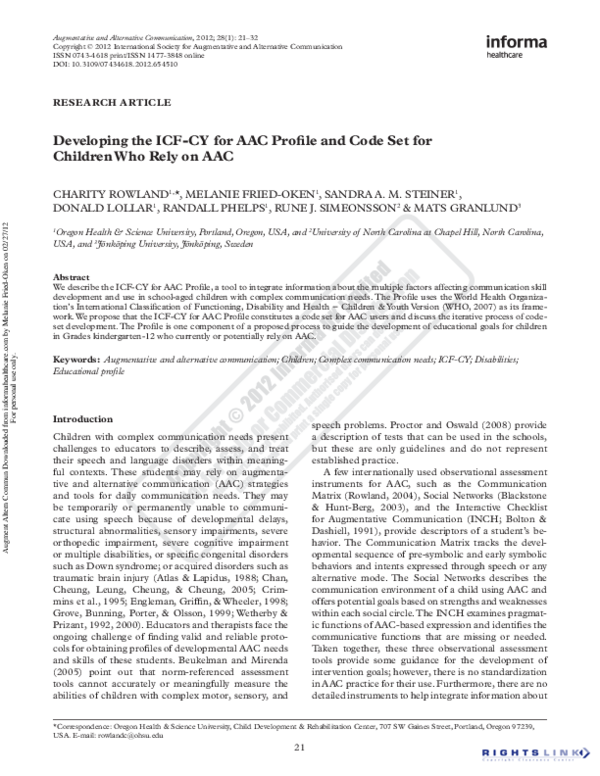 (PDF) Developing the ICF-CY for AAC Profile and Code Set for Children ...