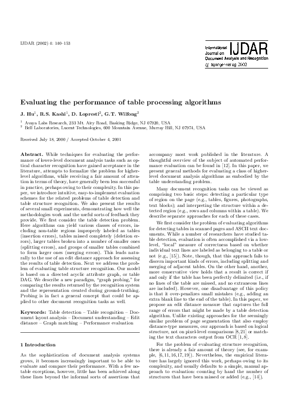 (PDF) Evaluating the performance of table processing algorithms